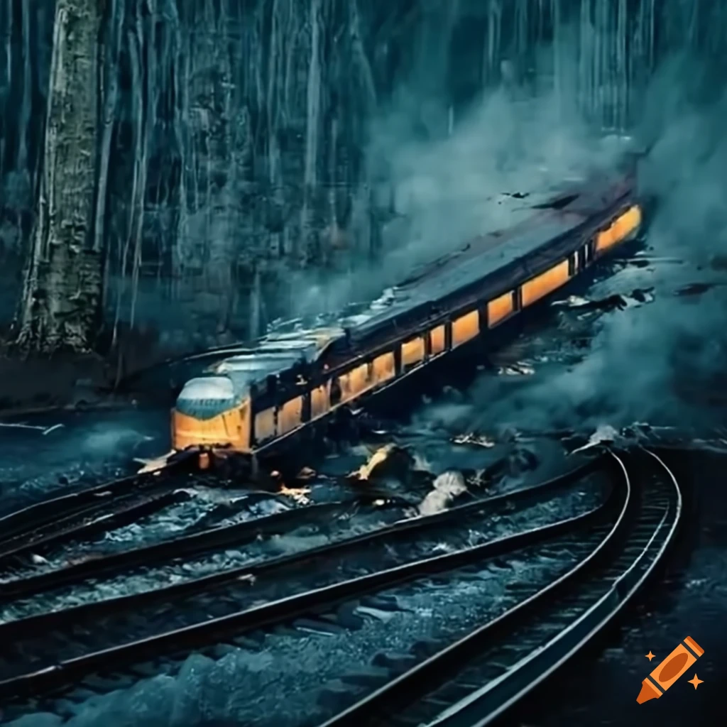 Crashed train with debris flying