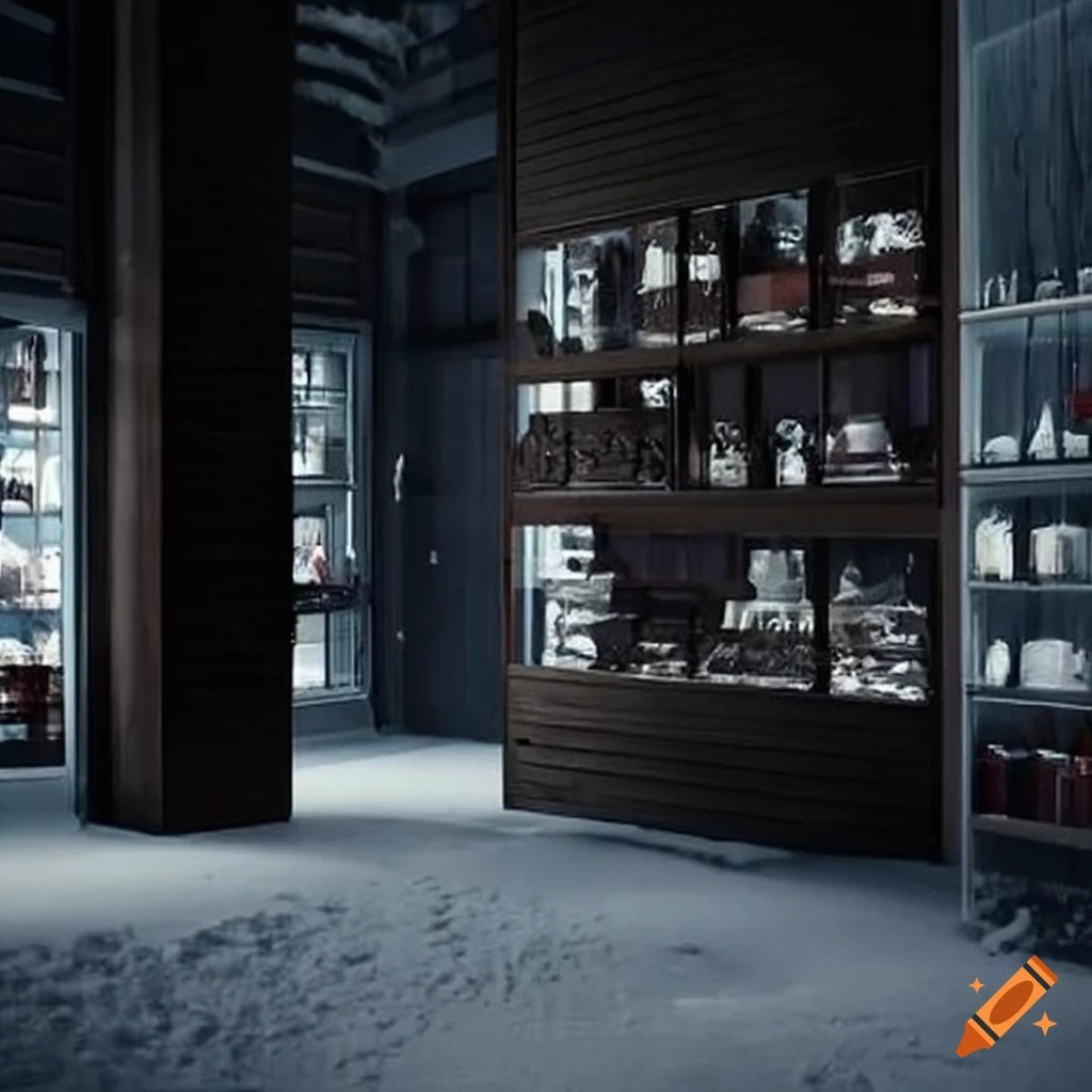 Winter-themed store interior with snow on Craiyon