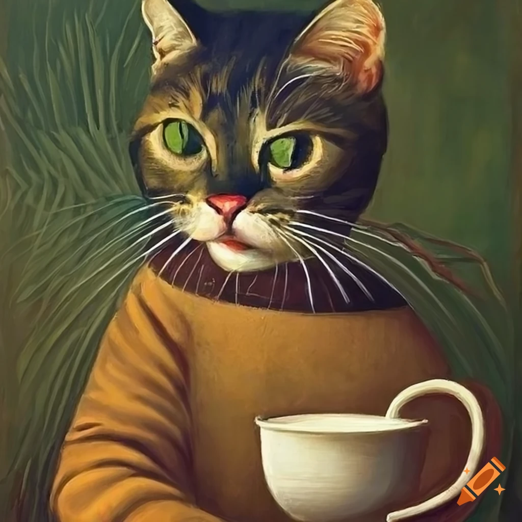 Surreal painting of a cat having coffee