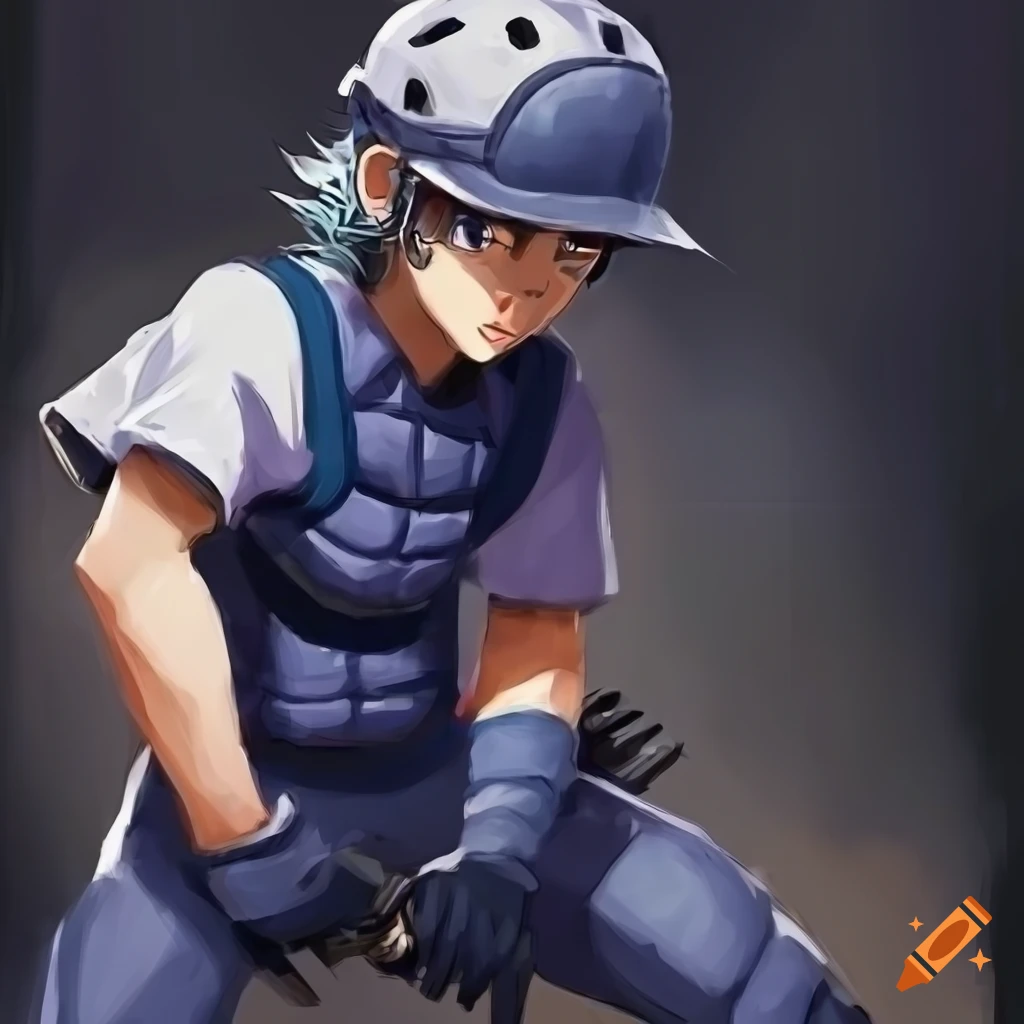 Digital artwork of a courageous male pokemon trainer in baseball outfit
