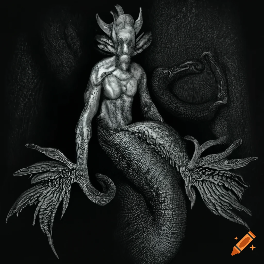 Detailed etching of a lovecraftian merman monster