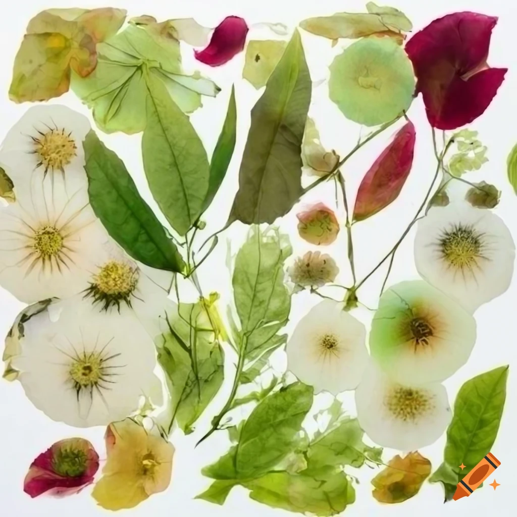 Collage of pressed petals and wildflowers on white background on Craiyon
