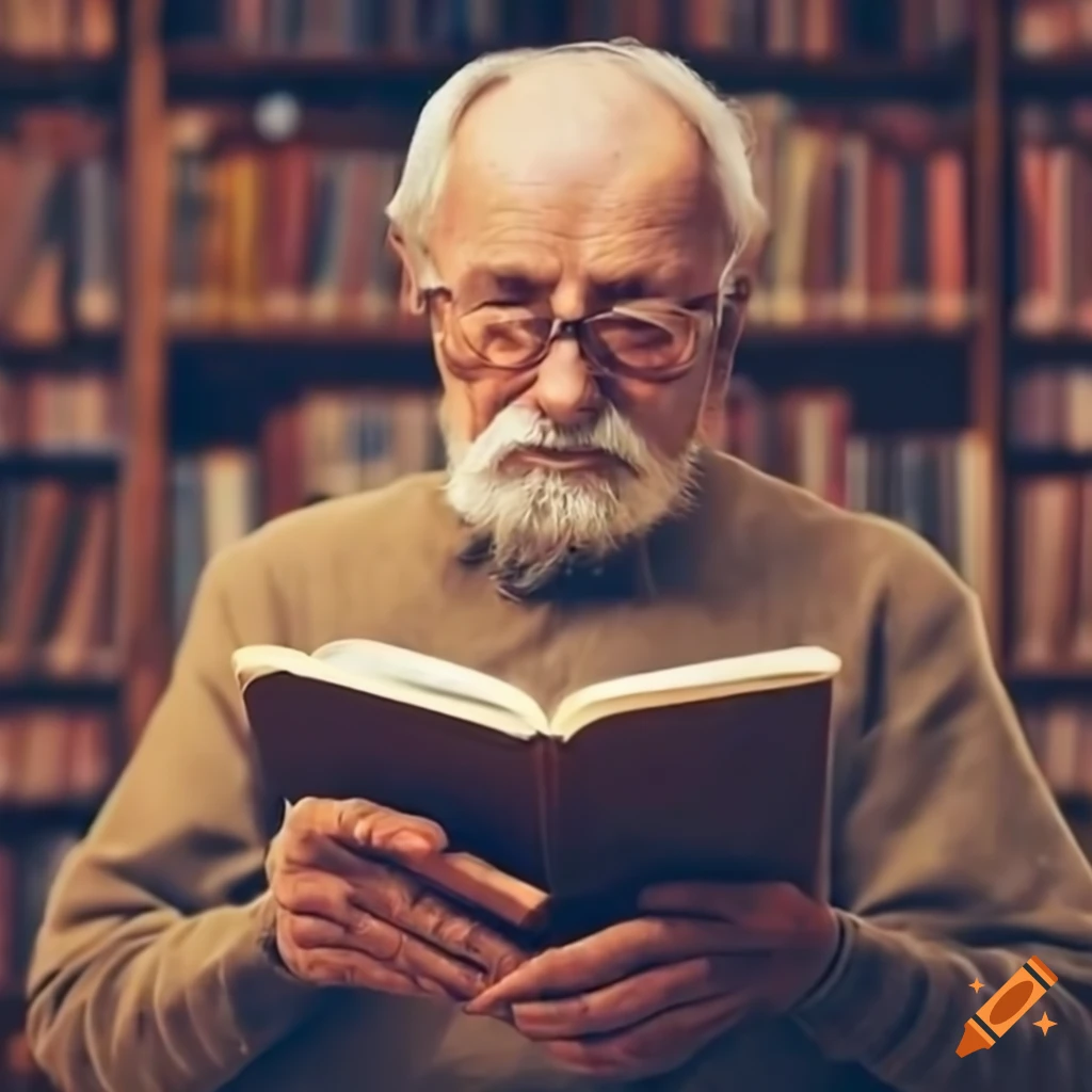 Elderly man reading a history book in a library