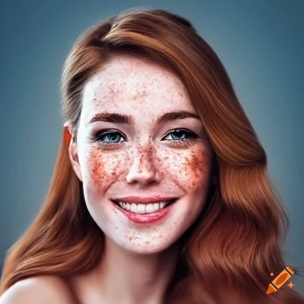Portrait of a beautiful woman with a smile and freckles on Craiyon