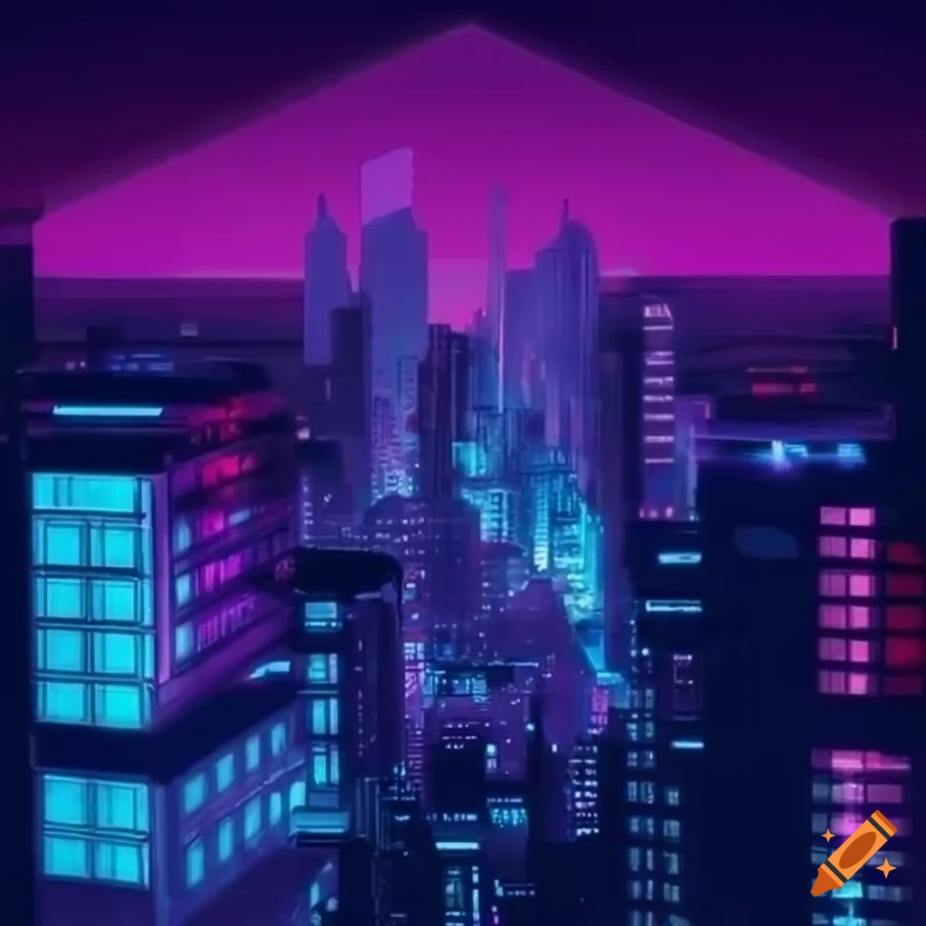 Urban city with cyberpunk and vaporwave vibes