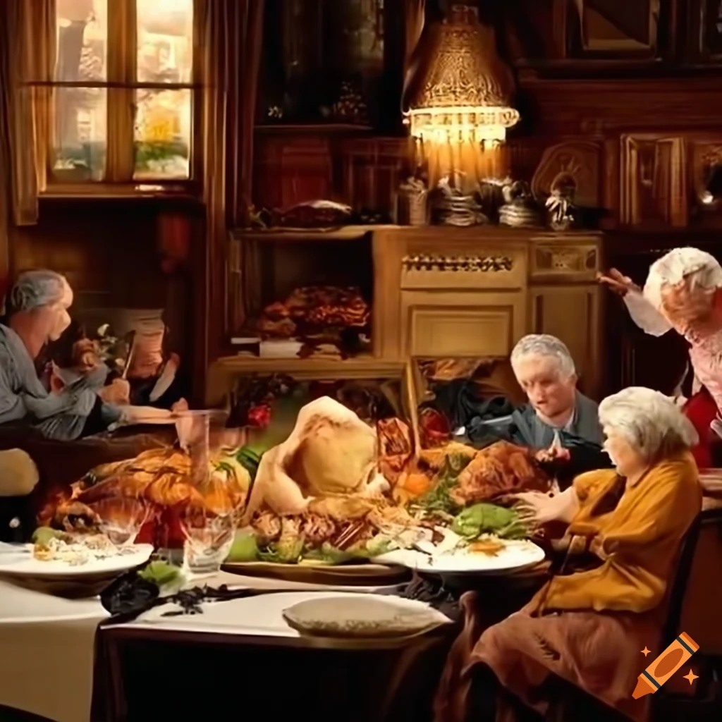 Elaborate Thanksgiving dinner with elderly guests on Craiyon
