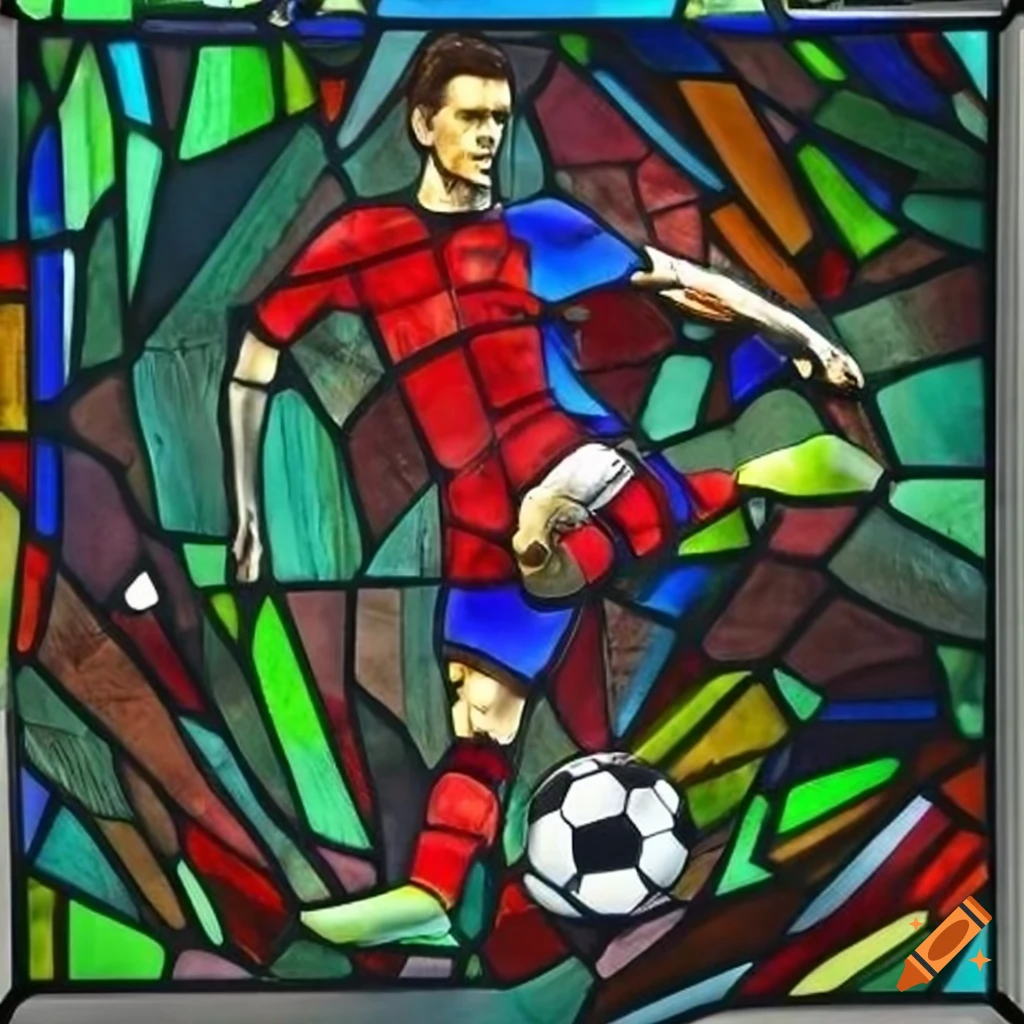 Stained glass artwork of a soccer player kicking the ball