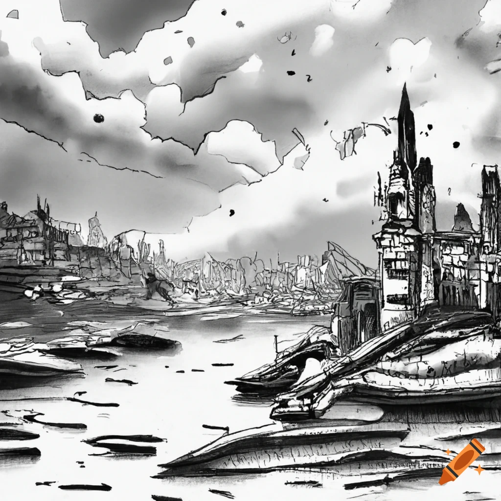Ink artwork of a destroyed ancient city by the riverside on Craiyon
