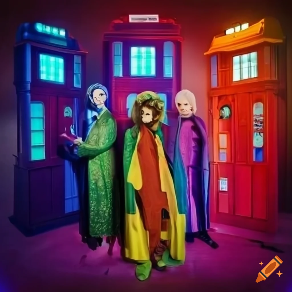 Colorful doctor who display with cake, posters, and toys on Craiyon