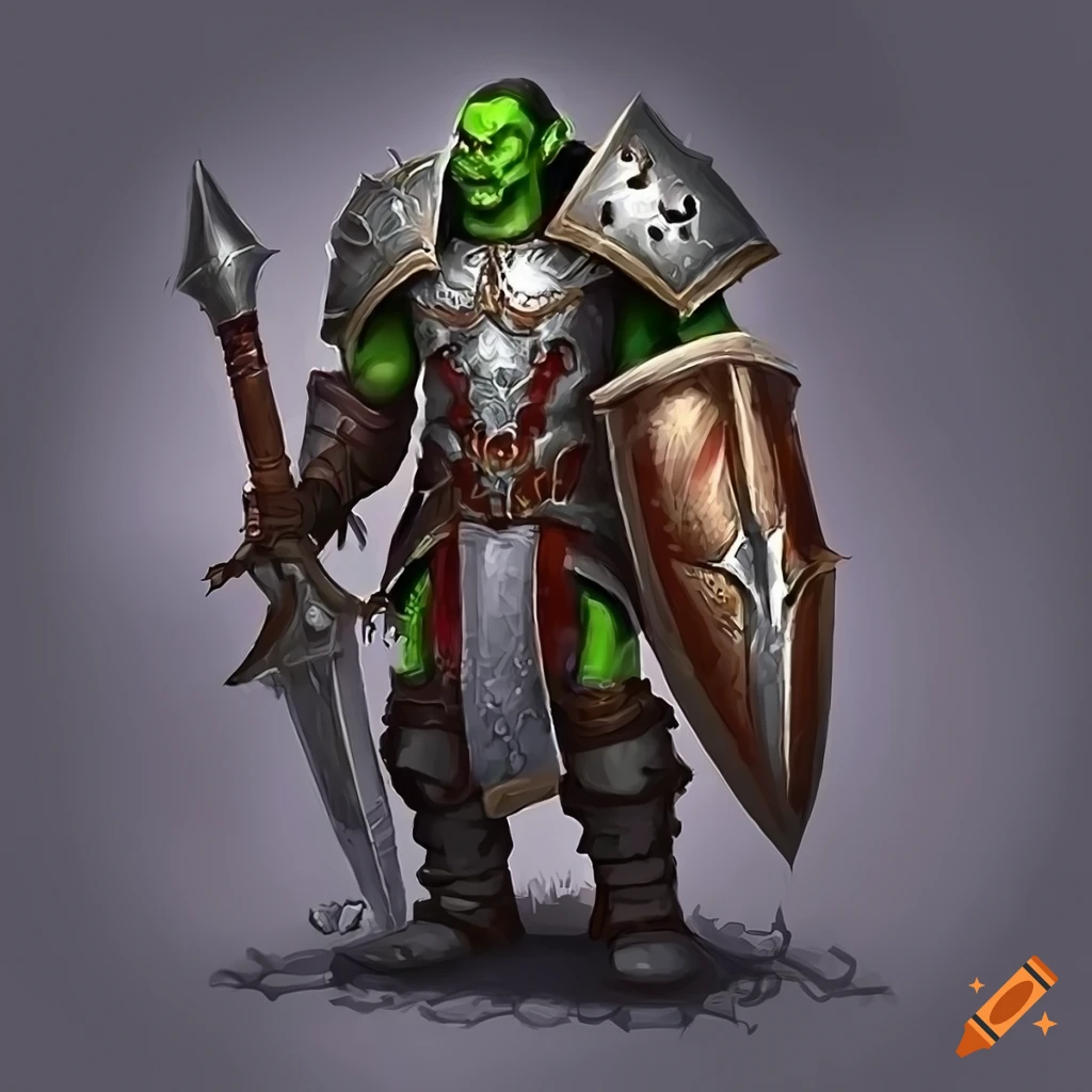 Illustration of a young orc paladin in silver armor on Craiyon