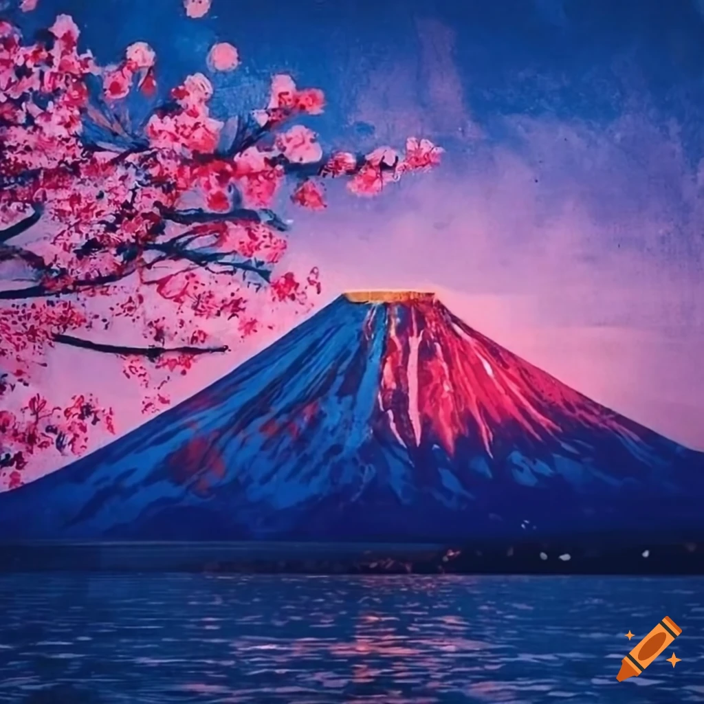 Cherry blossoms and mt fuji block print