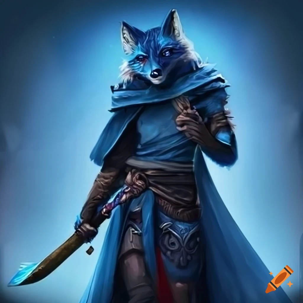 Art of a blue fox warrior with a sword and cloak on Craiyon