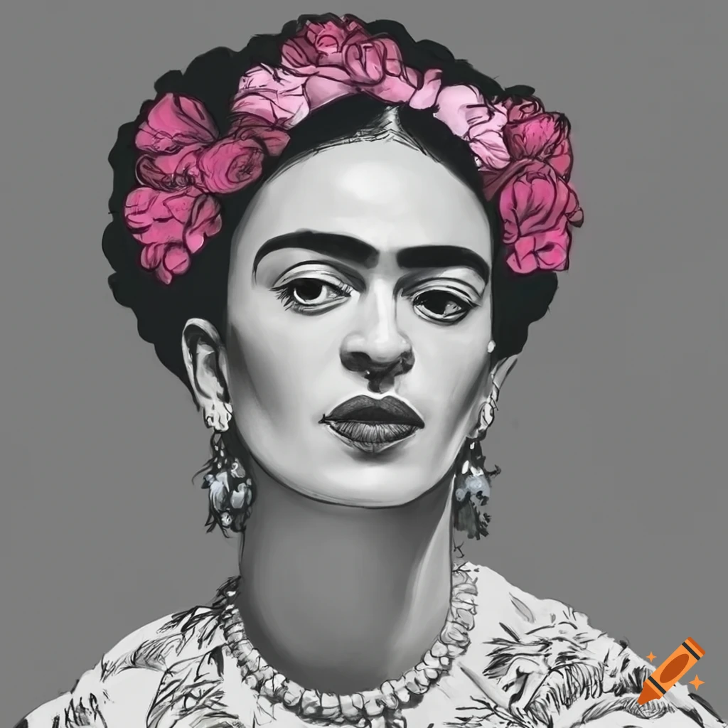 Black and white sketch of Frida Kahlo on Craiyon