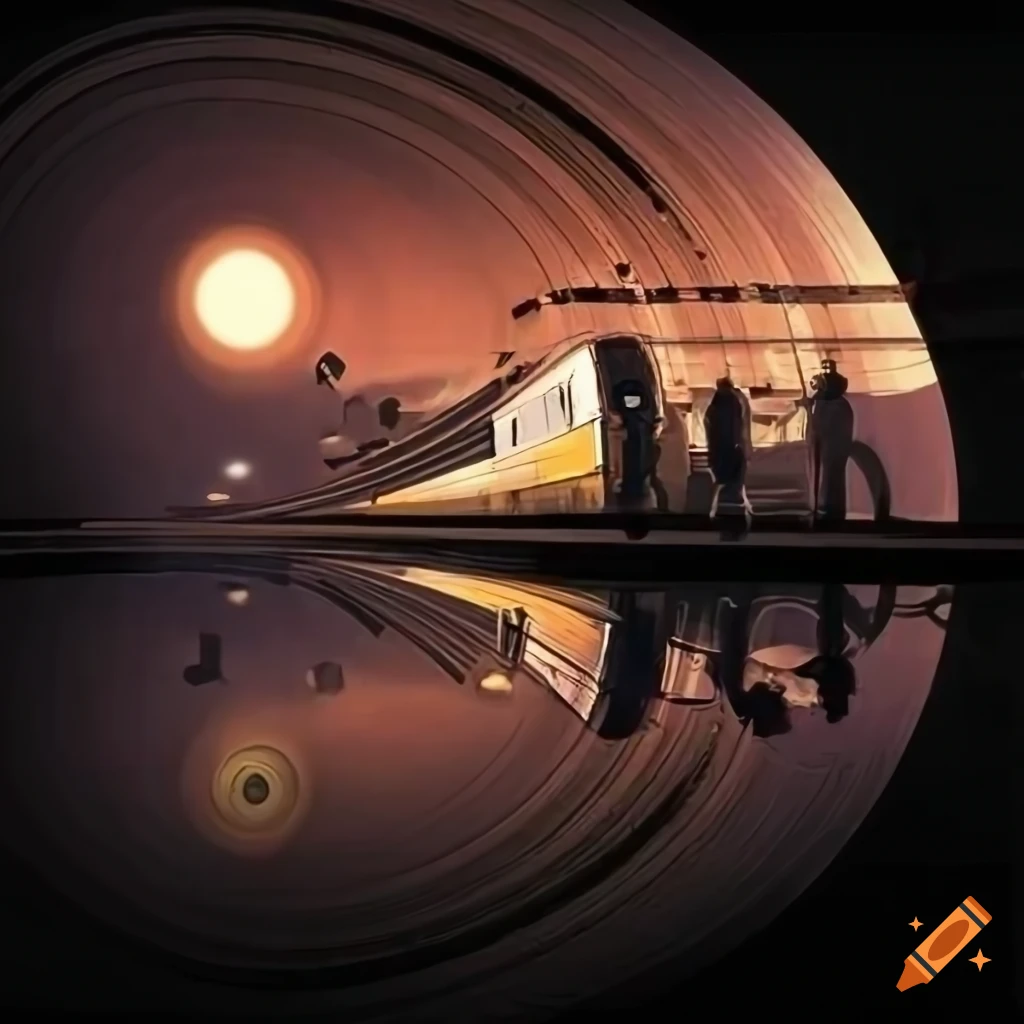 Retro space themed train station with astronauts and business men