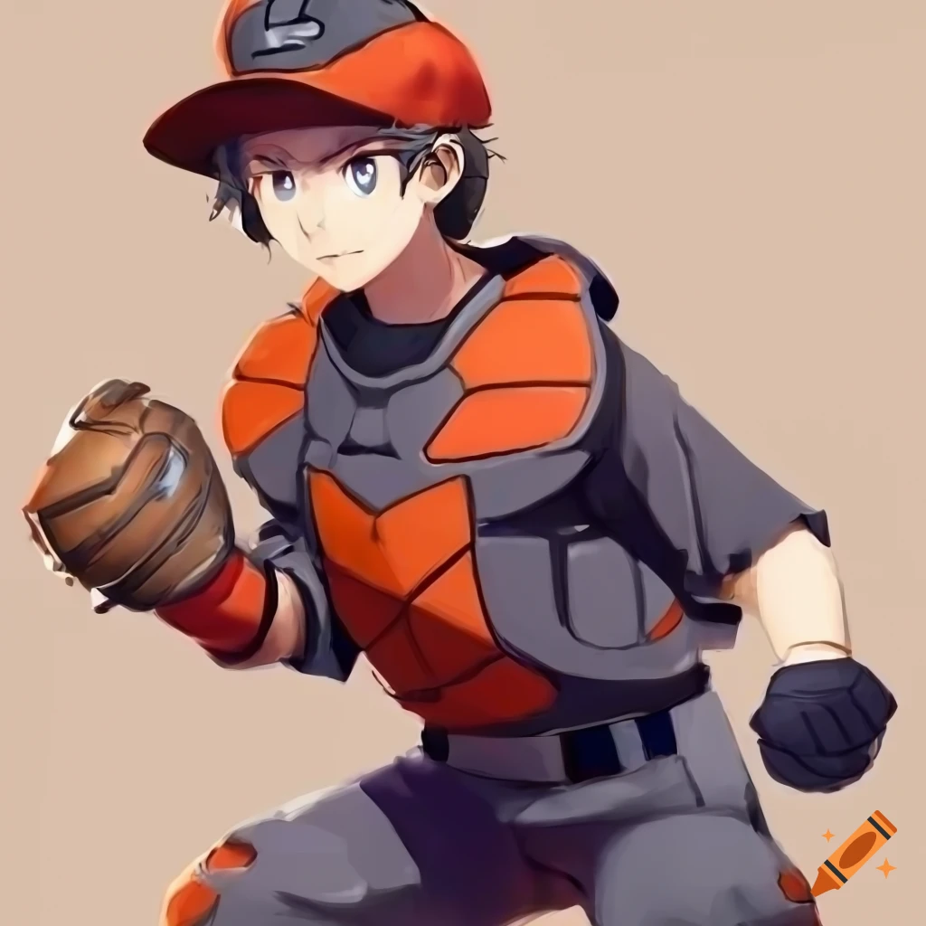 Digital artwork of male pokemon trainer in baseball catcher gear on Craiyon