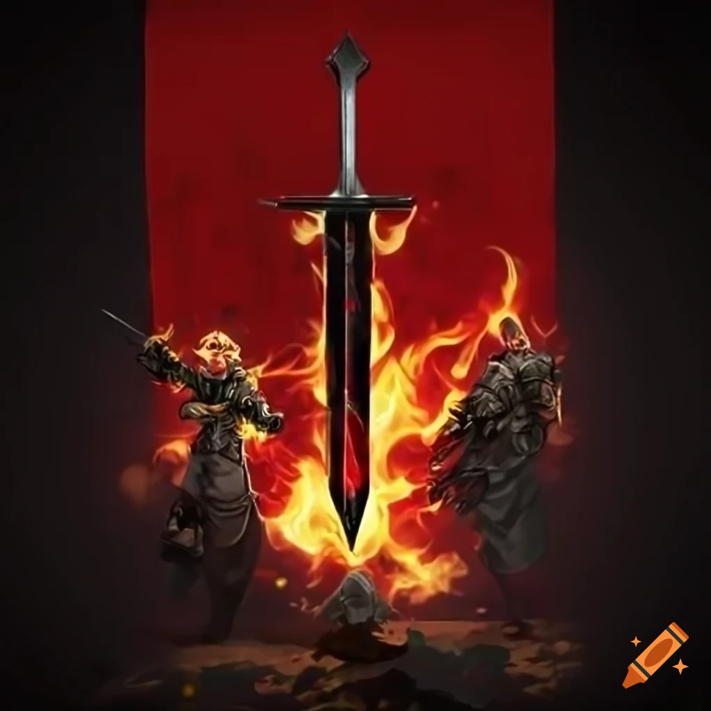 Red and black flaming sword with vanguard crew banner