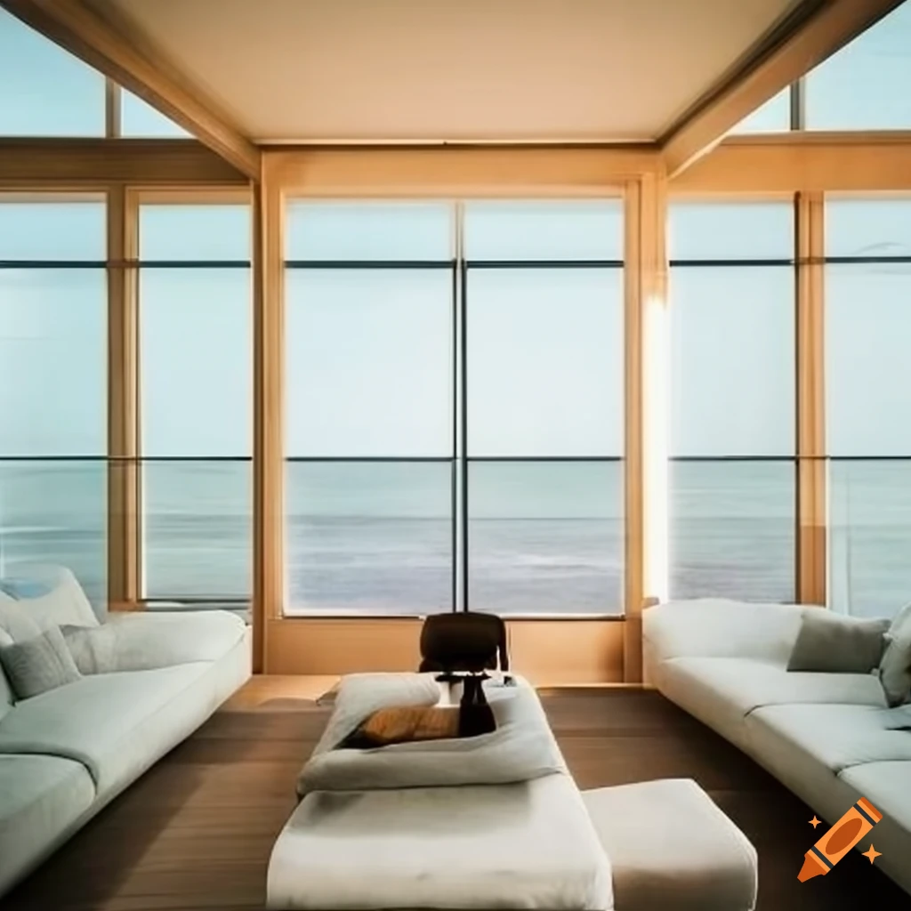 Modern living room with library and ocean view