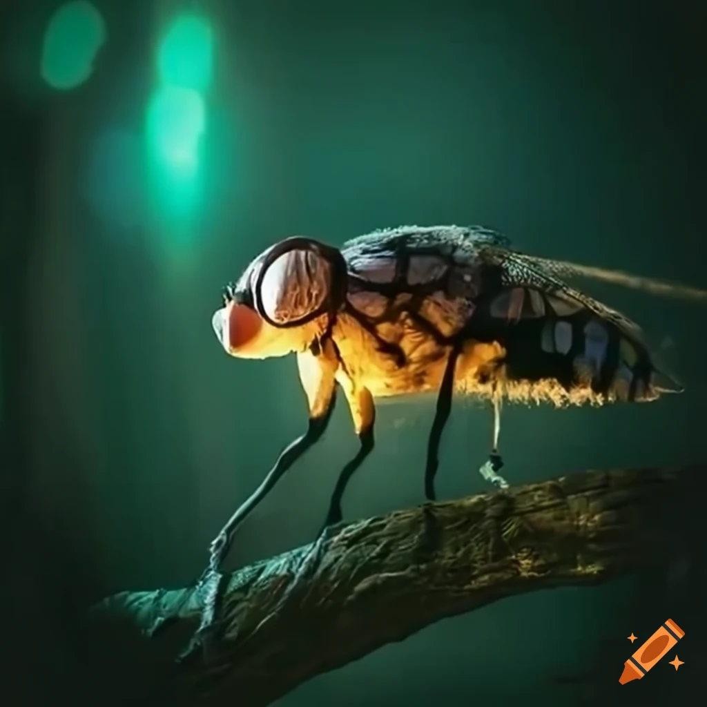 Glowing human-sized flies running in the forest at night on Craiyon