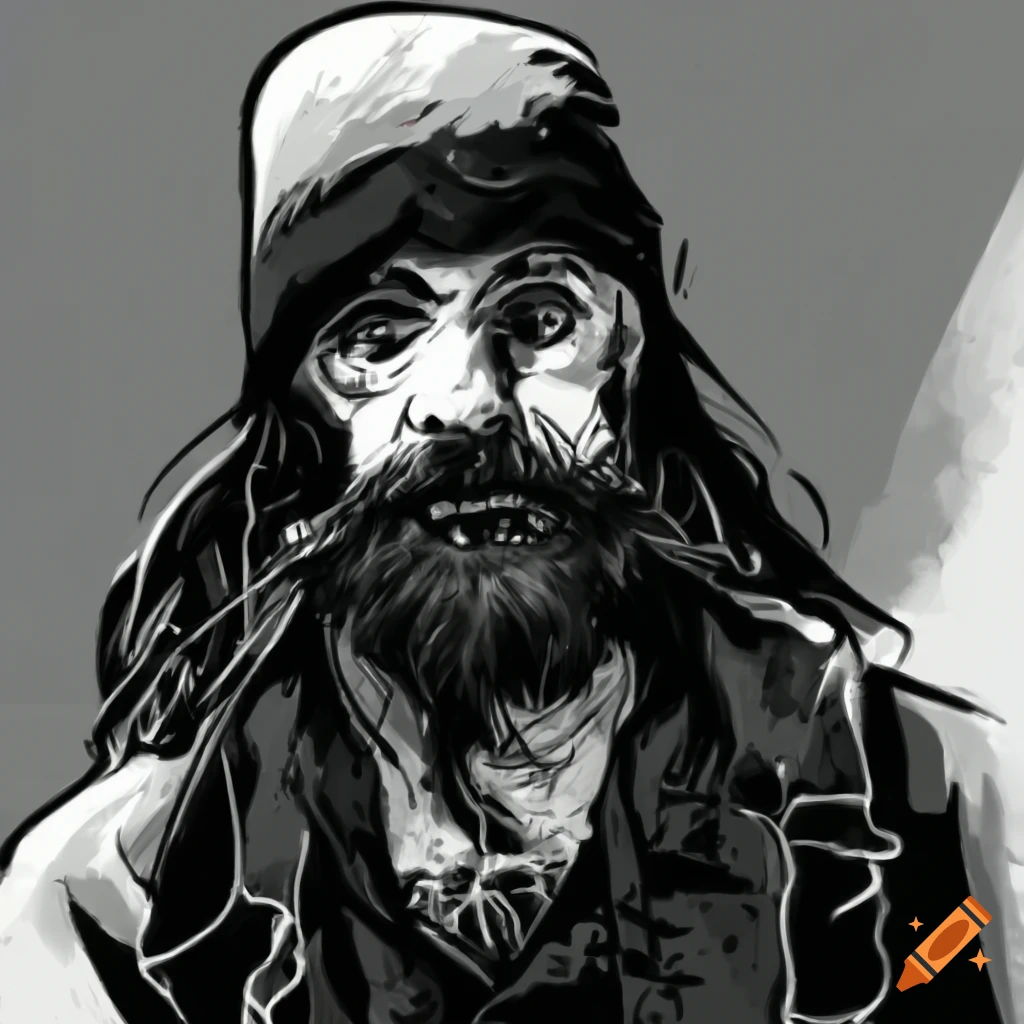 Dark comic-style illustration of a smiling hobo in alleyway on Craiyon