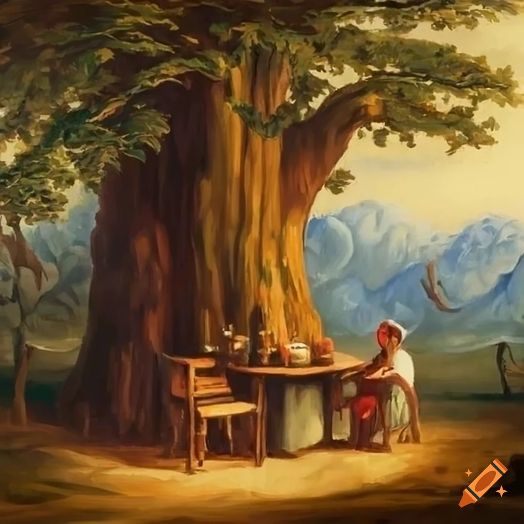 Painting of a coffee shop with an ancient oak tree on Craiyon