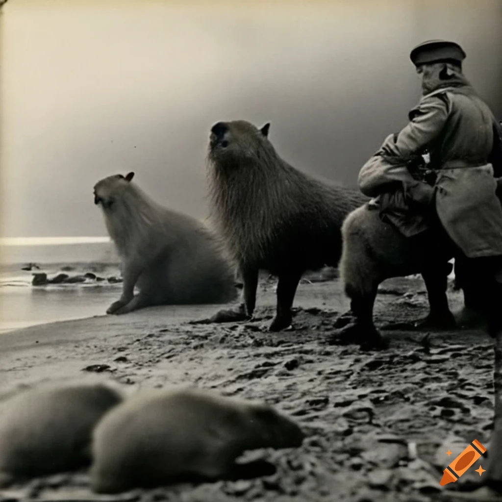 Vintage photo of capybaras in a war scene