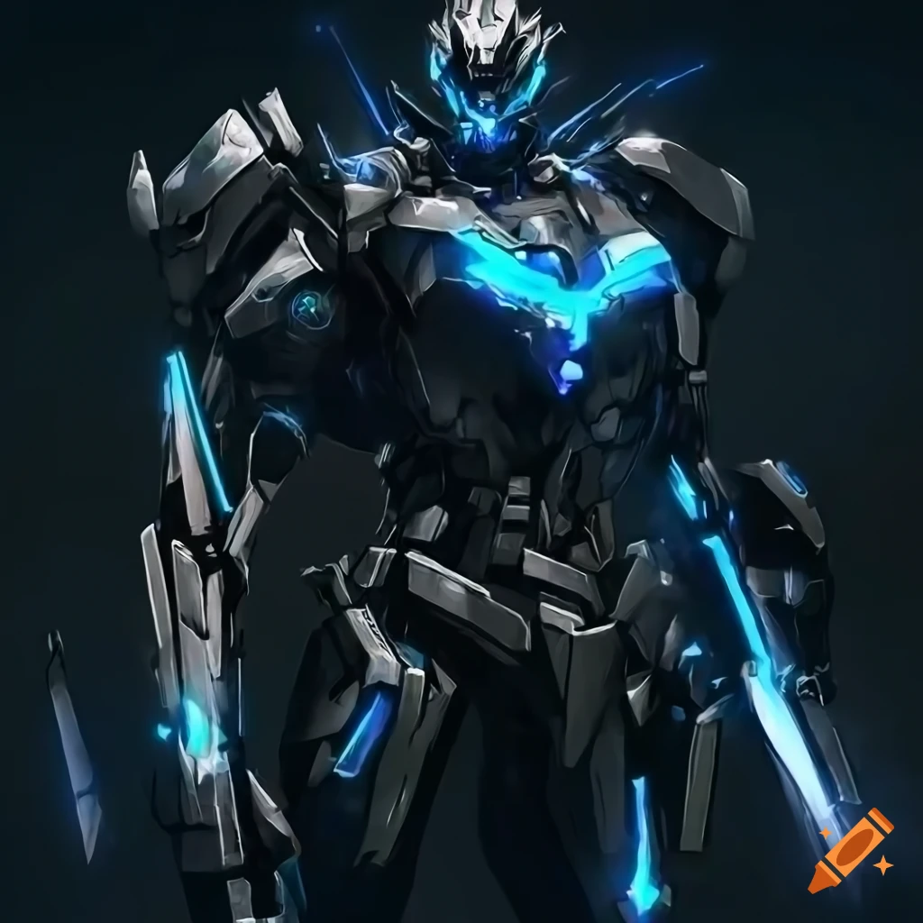 Hyper realistic artwork of a black mecha with blue accents on Craiyon