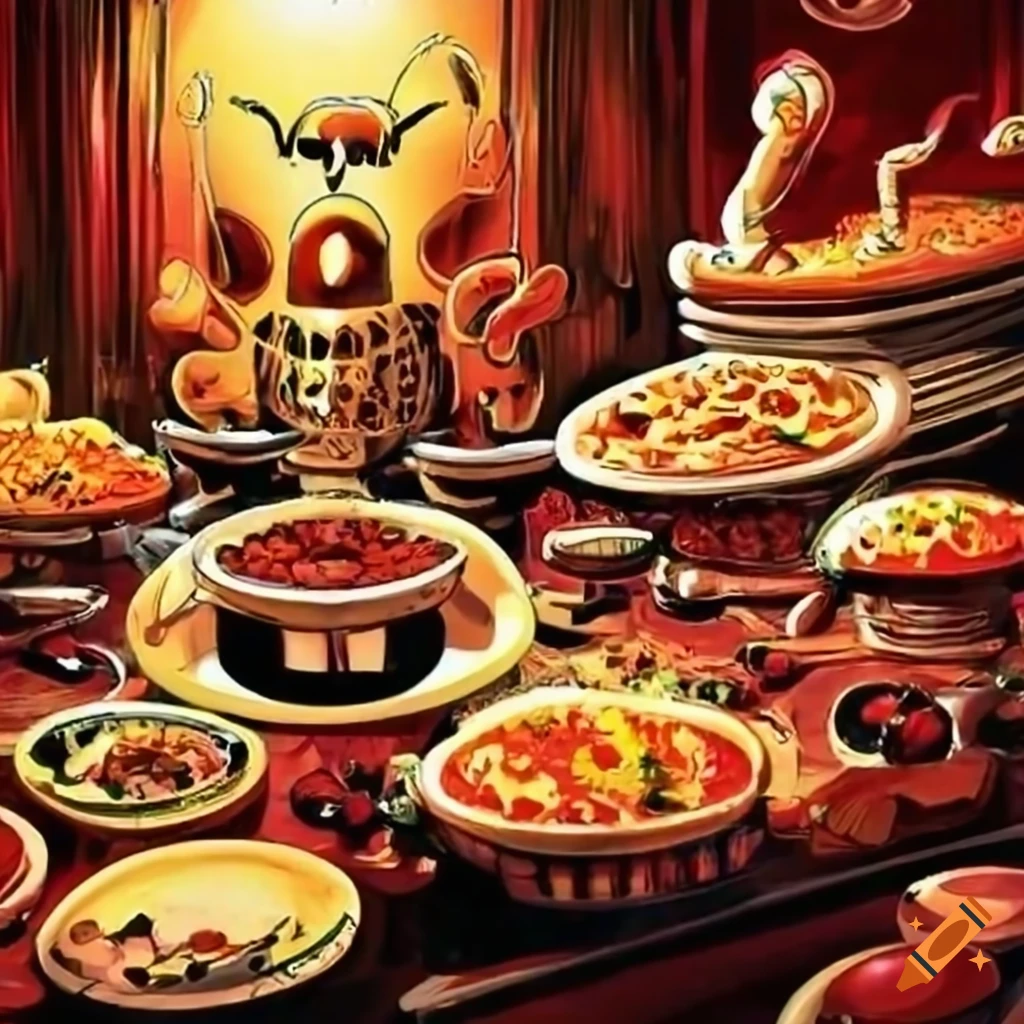 Cartoonish image of a massive buffet spread