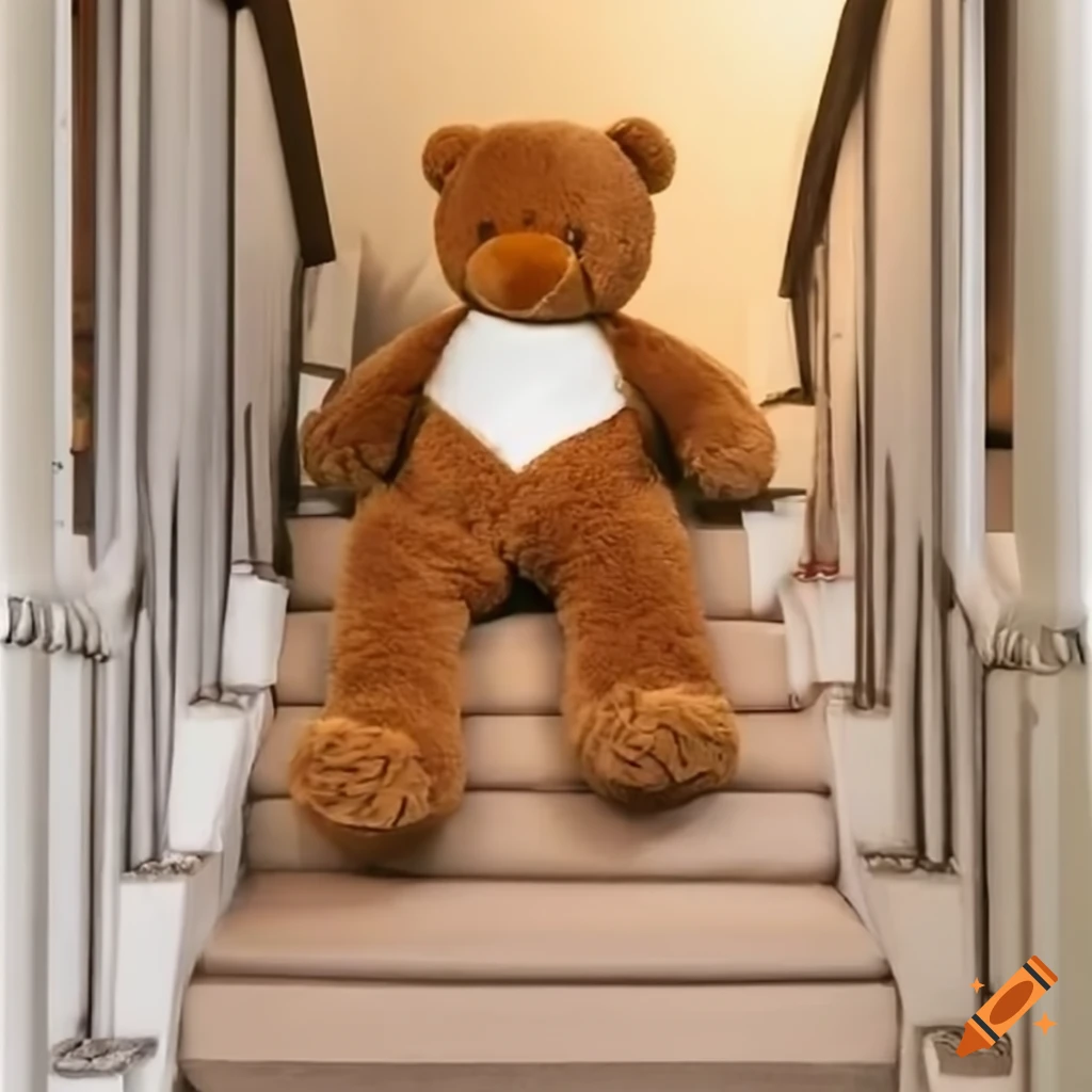 Large teddy bear sitting on stairs on Craiyon