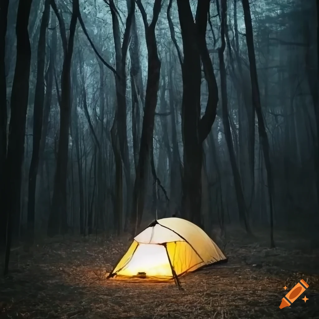 Tent illuminated in a dark creepy forest on Craiyon