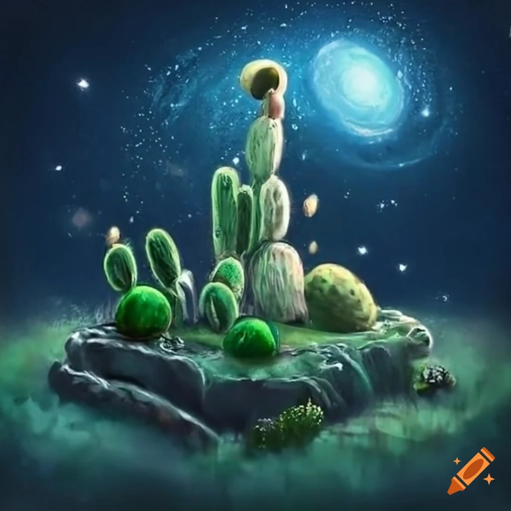 Stone bed garden with unique cactus and waterfall under the night sky