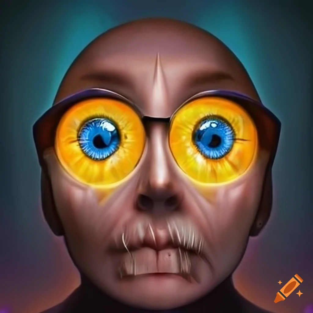 Surrealistic artwork of giant blue eyes behind yellow glasses