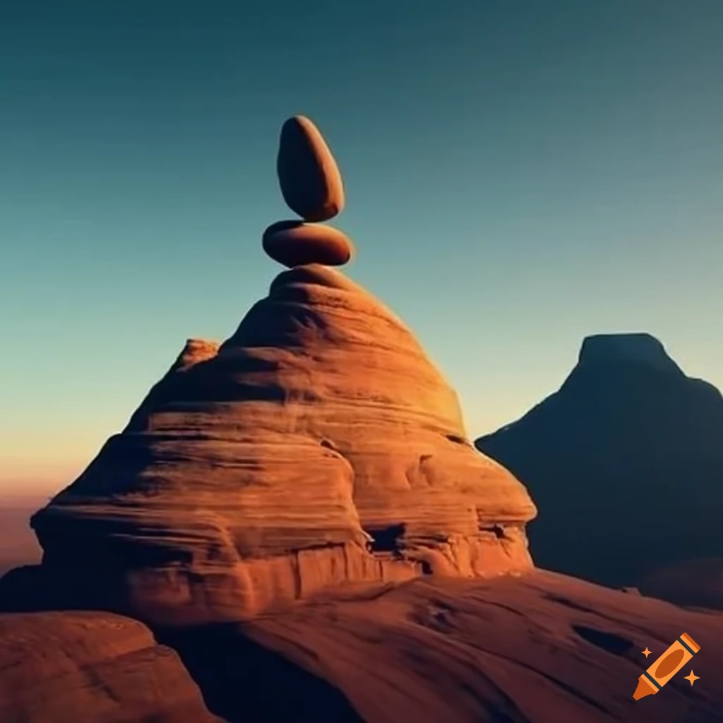 Photo of a balancing sandstone rock with a modern city in the background