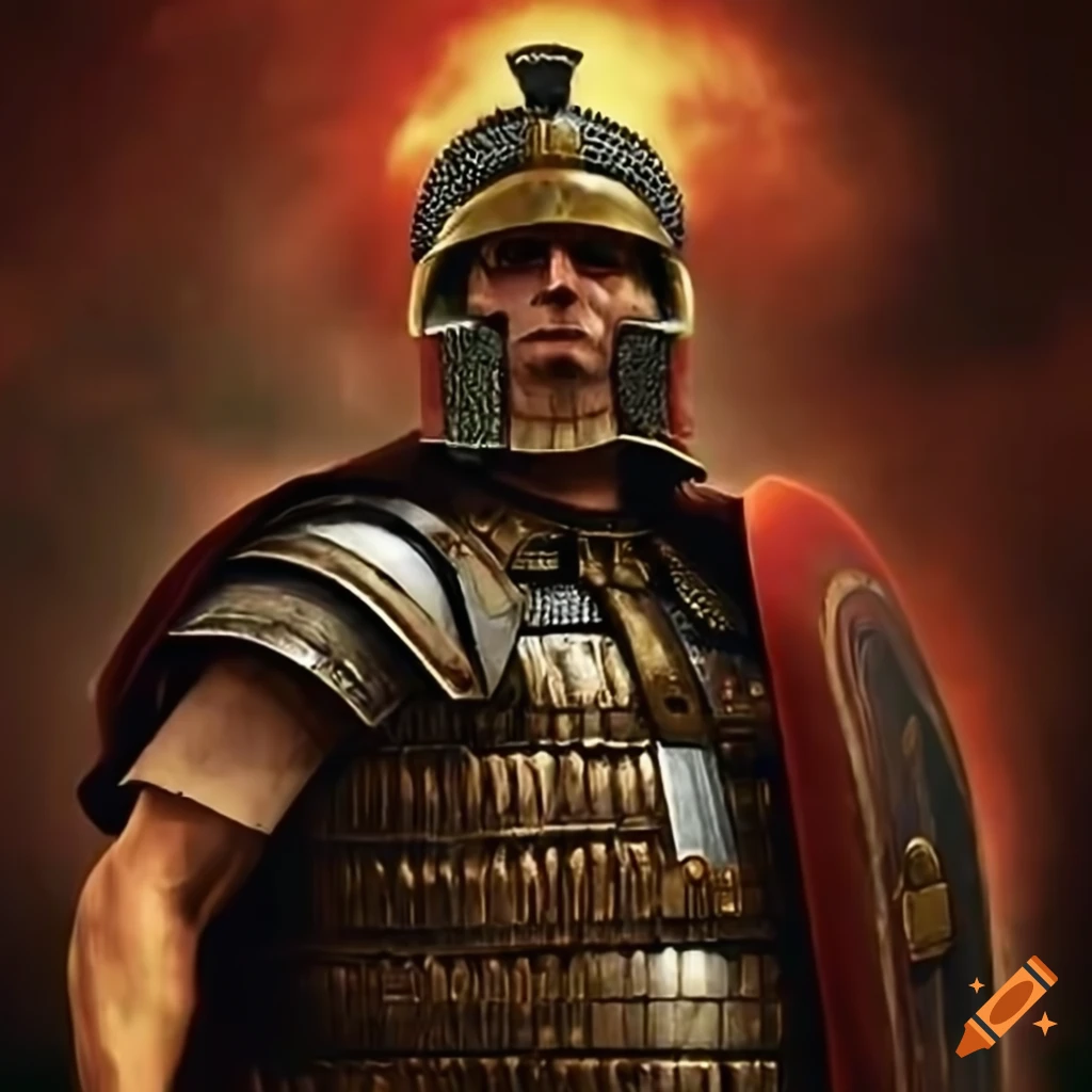 Illustration of a roman soldier facing a titan on Craiyon