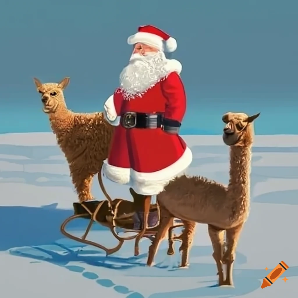 Santa claus in a sleigh pulled by alpacas