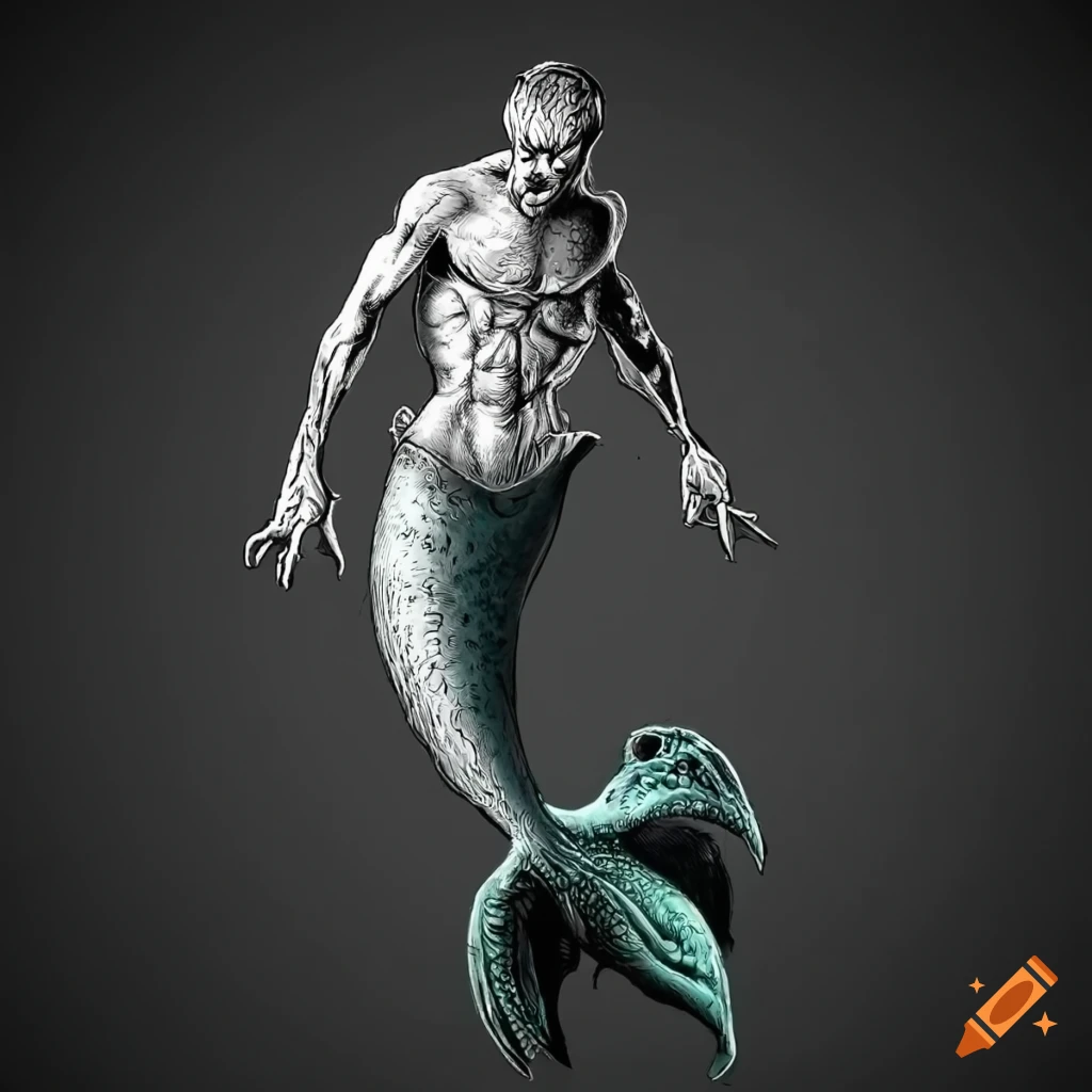 Detailed etching of a lovecraftian merman monster on Craiyon