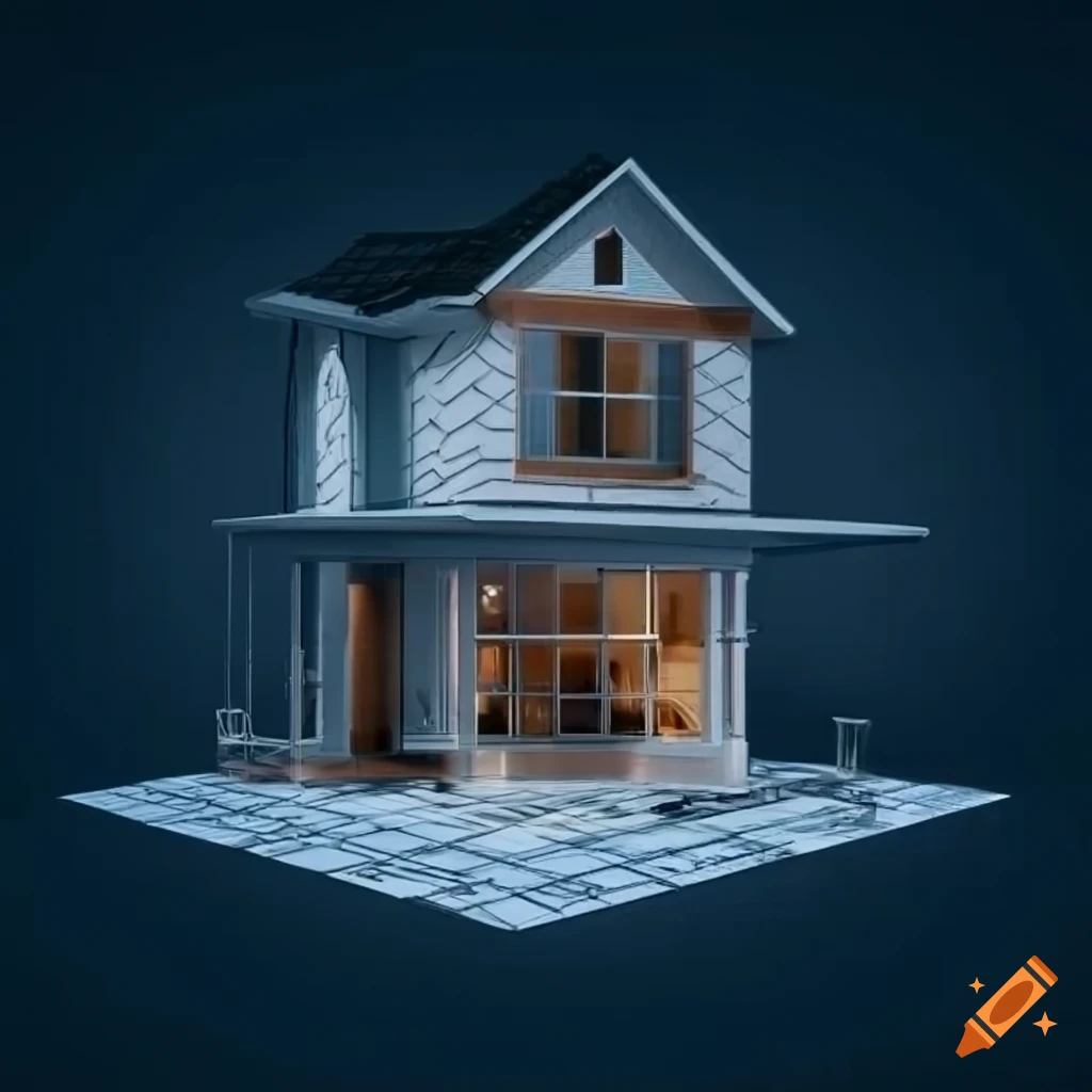 Blueprints with 3d house rendering overlay