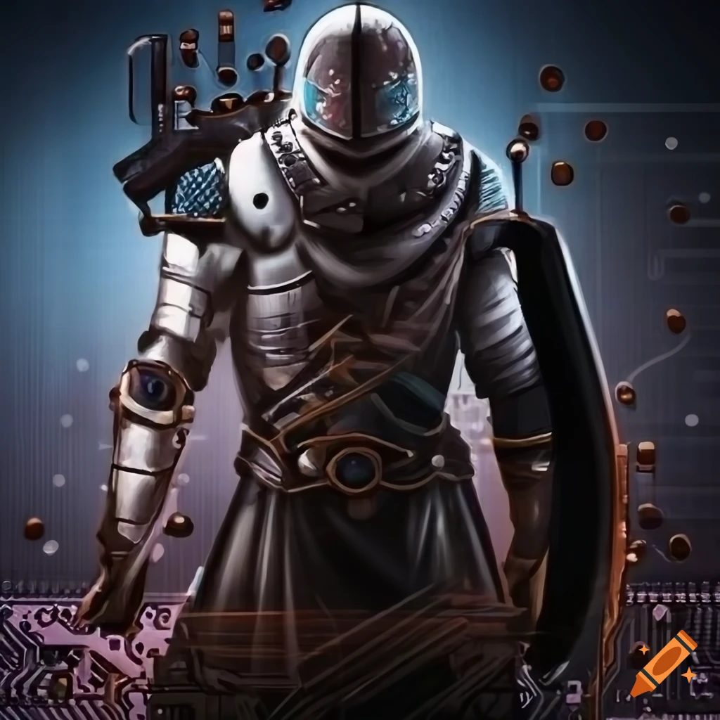Digital art of an electronic knight on circuits background on Craiyon