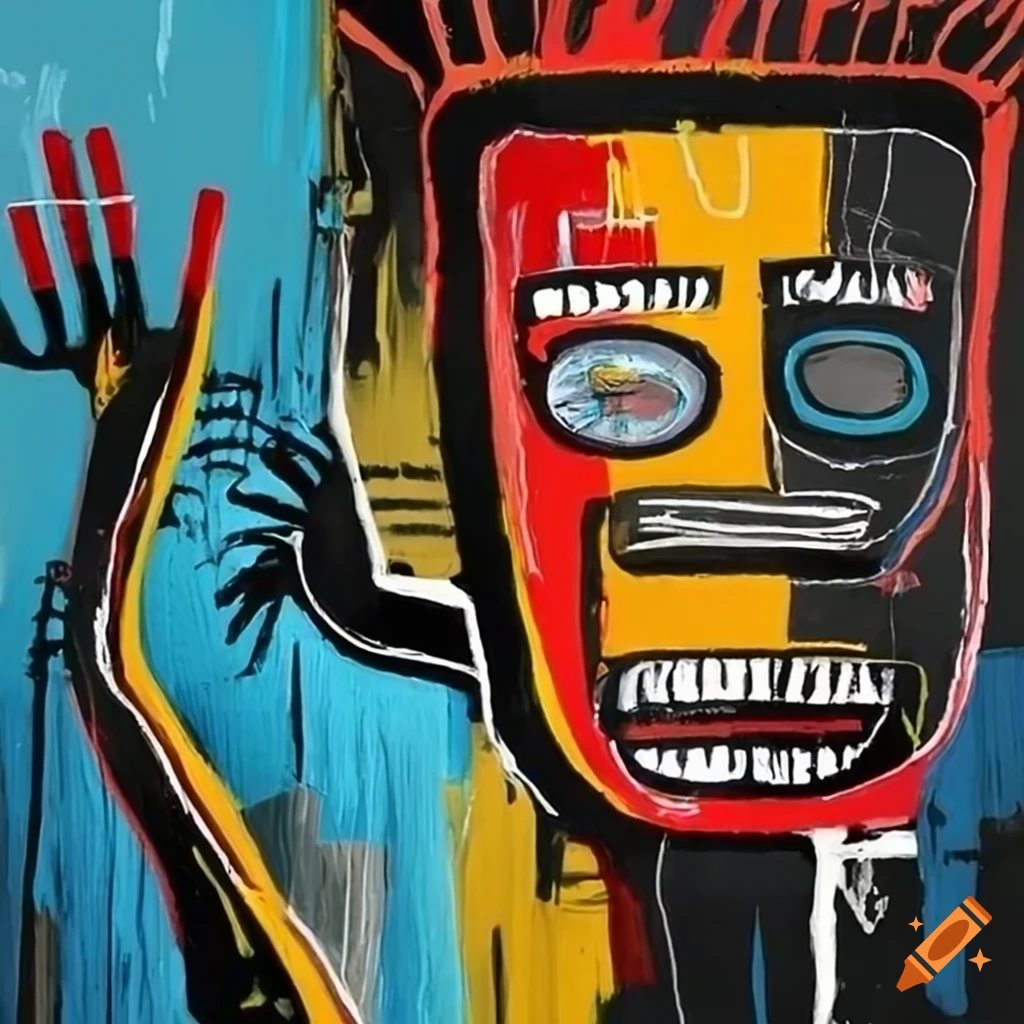 Painting of basquiat symbols with raised hands on Craiyon