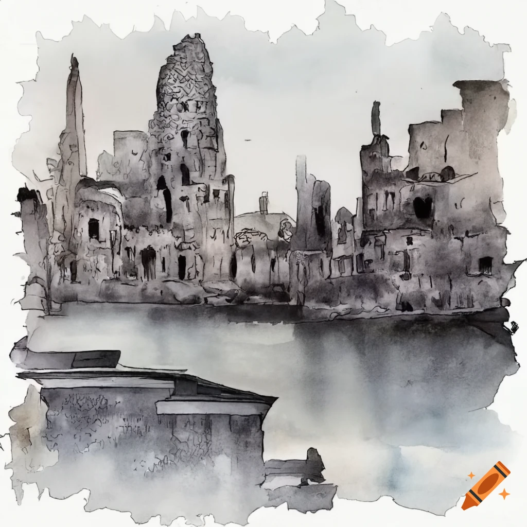 Ink artwork of a destroyed ancient city by the riverside on Craiyon
