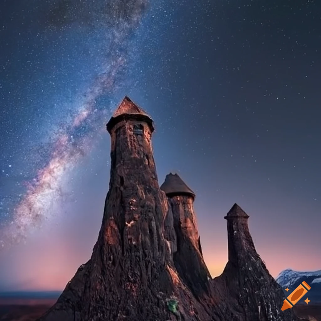 Milky way and gabbro towers in the night sky on Craiyon