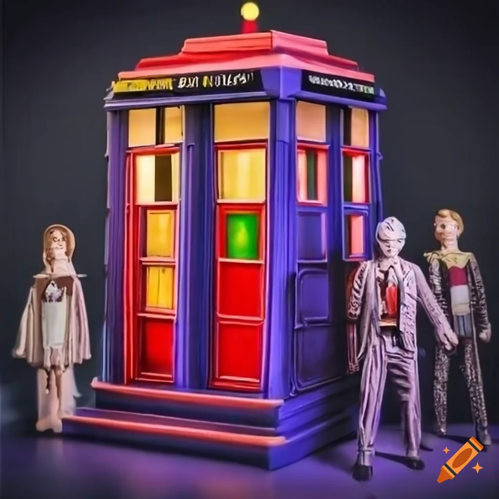 Colorful doctor who display with cake, posters, and toys on Craiyon
