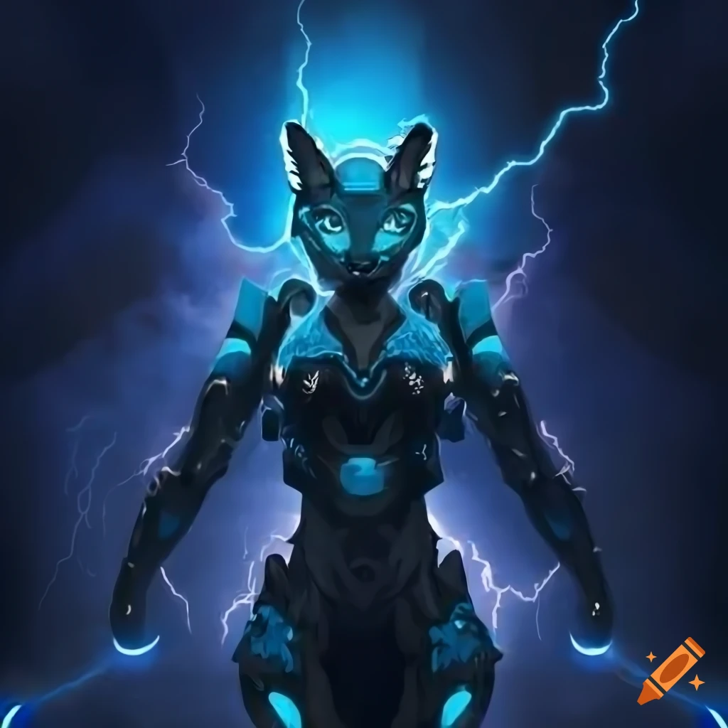 Blue cyber fox with stormy background
