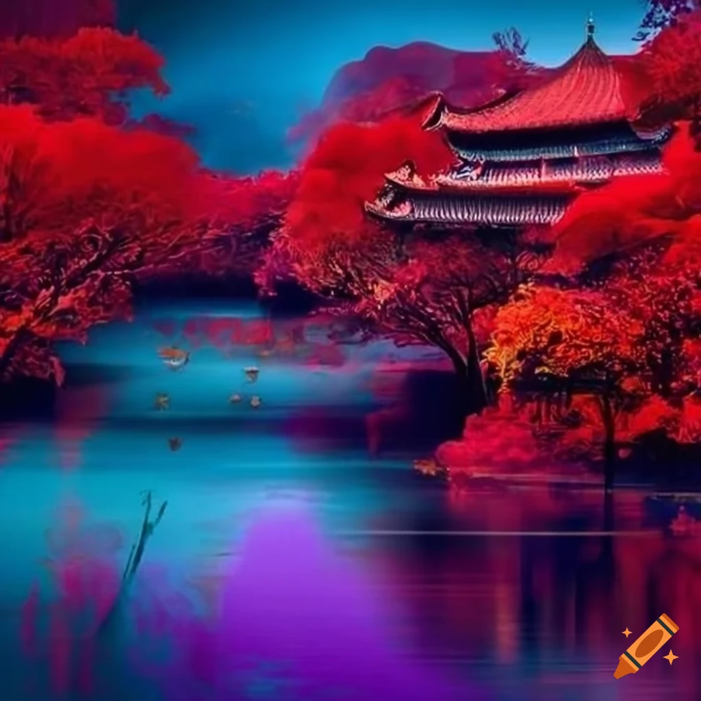 Chinese traditional and spiritual art with birds and buildings