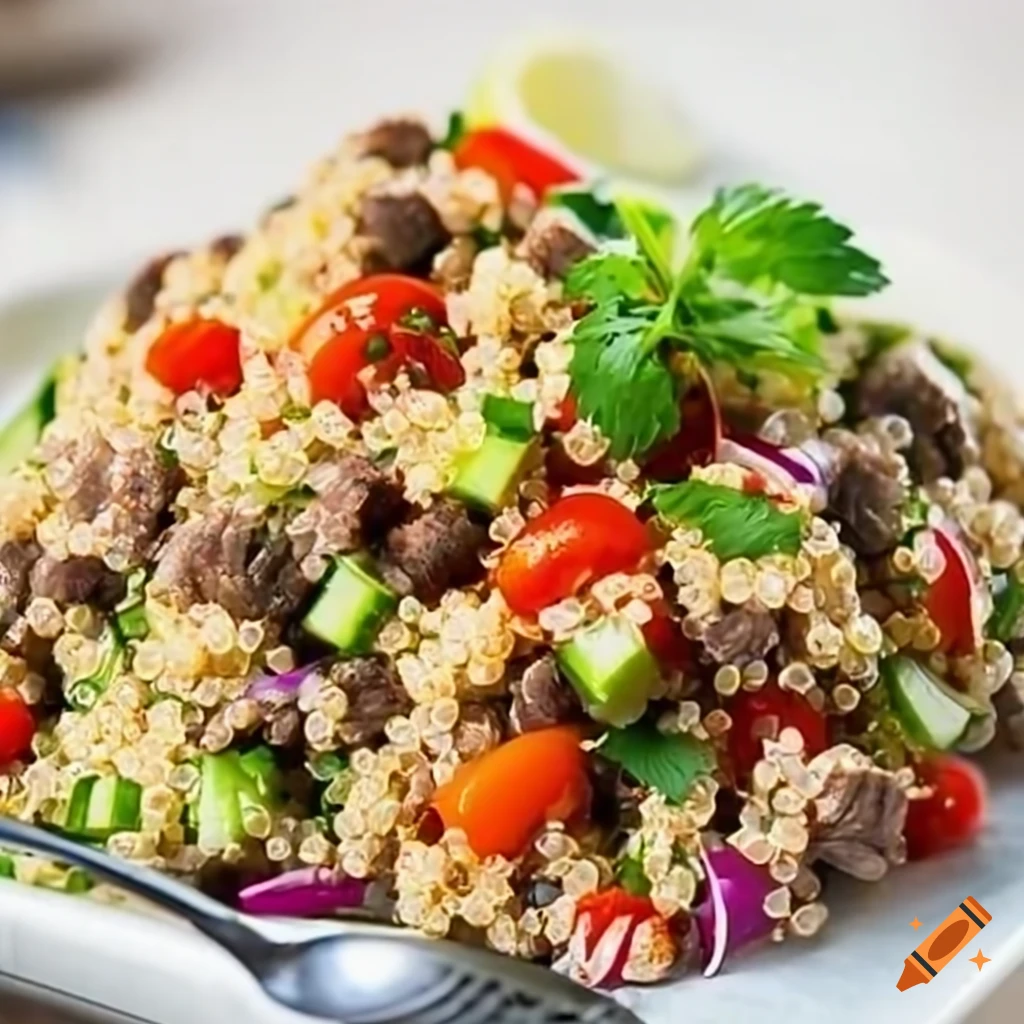 Healthy beef salad with quinoa and vegetables