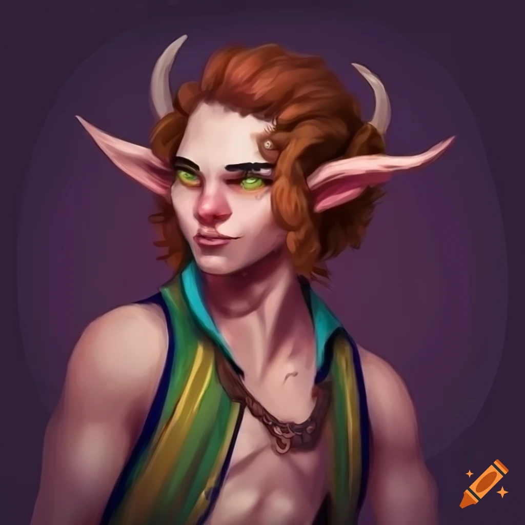 Illustration of a young male satyr bard wearing a colorful vest