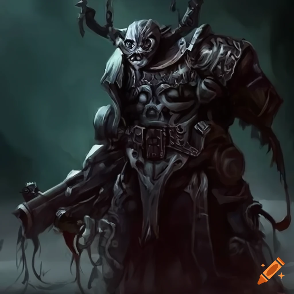 Art of an ancient guardian with magic runes and weapons