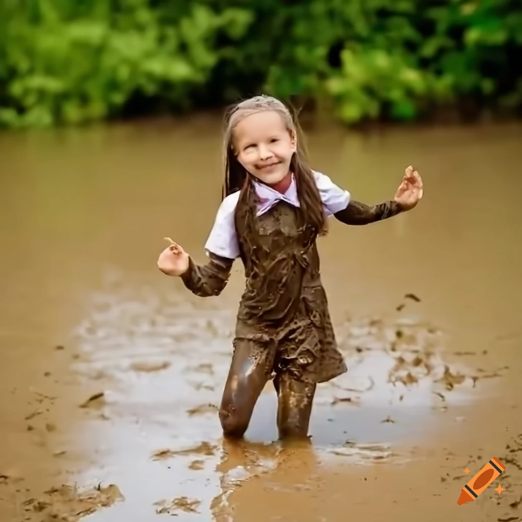 Happy little girl covered in mud on Craiyon