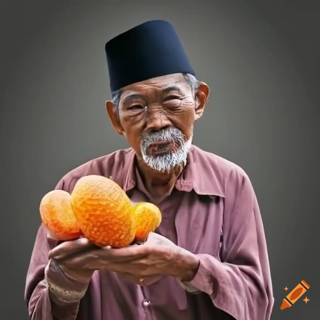 Elderly malay man holding a harumanis fruit on Craiyon