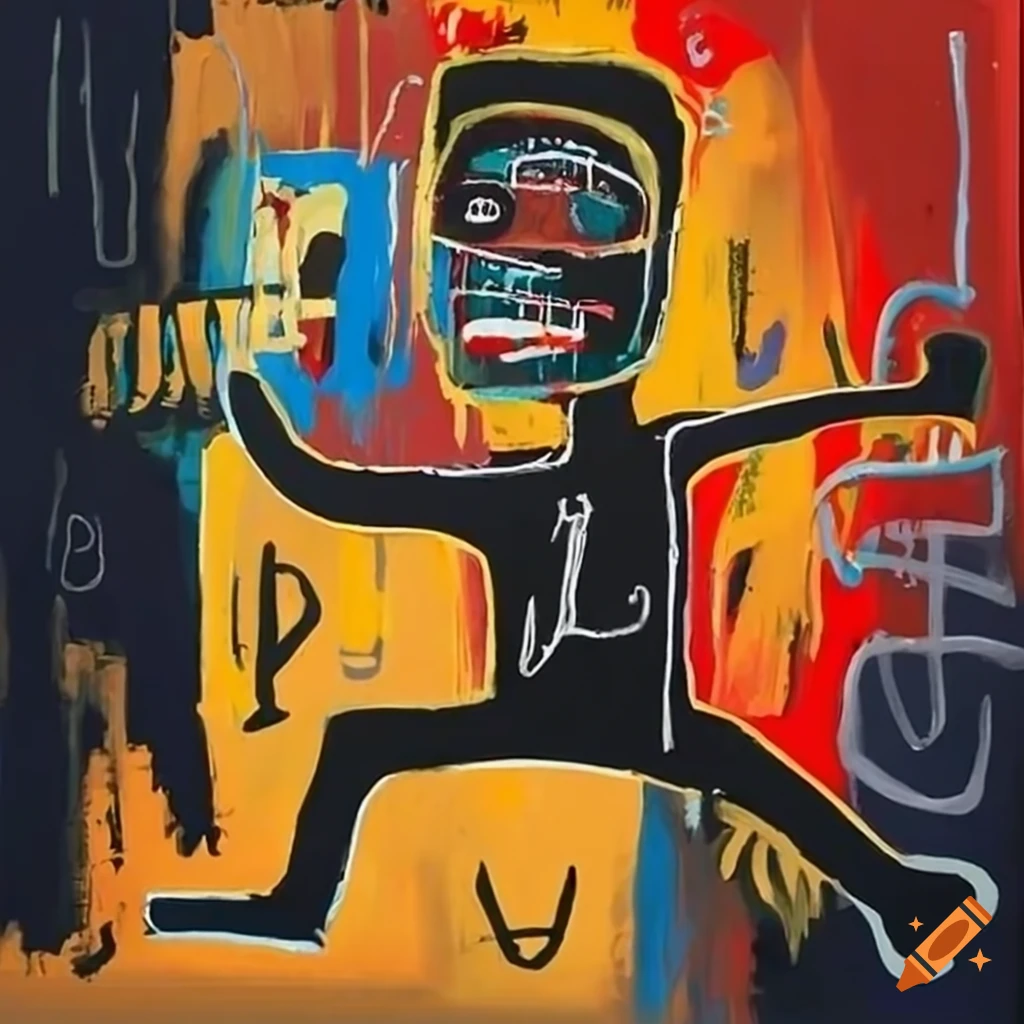 Painting of a man sprinting with basquiat symbols on Craiyon