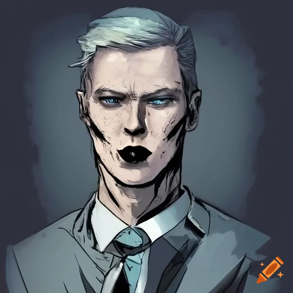 Dark comic-style illustration of a pale man in a grey suit